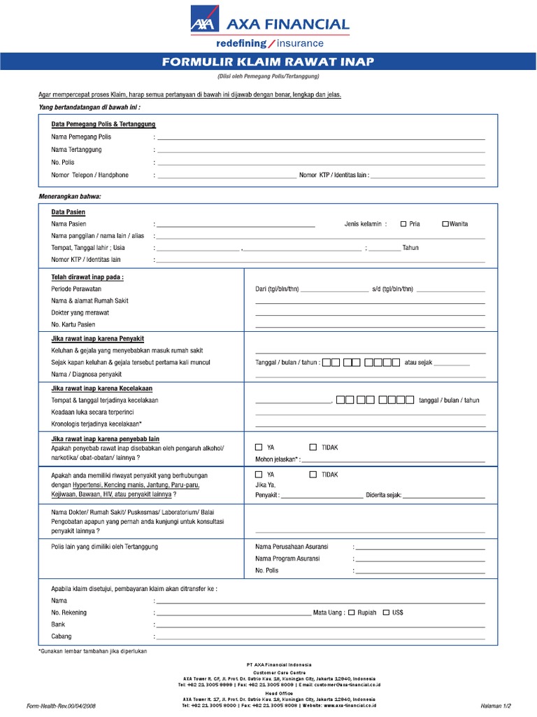 Formulir Klaim Rawat Inap AFI | PDF
