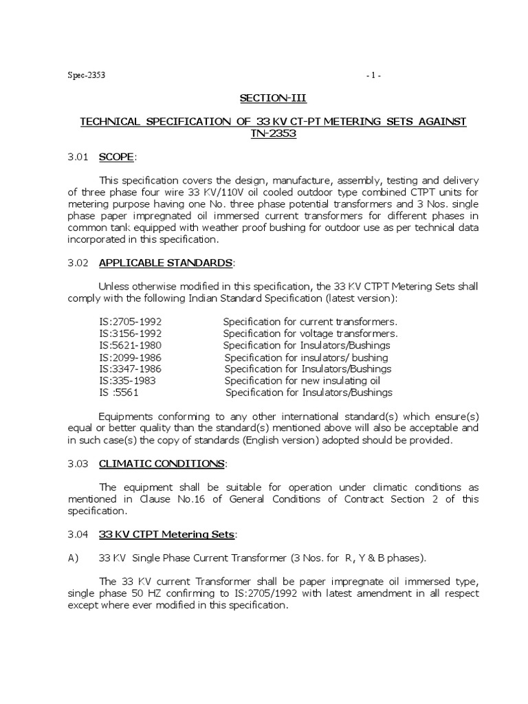 33 KV CT-PT Metering Set Specifications | PDF | Transformer | Insulator ...