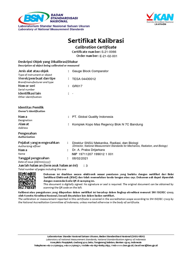 Comparator Gauge Block - TESA - GR017 - SNSU BSN - Feb 2021 | PDF