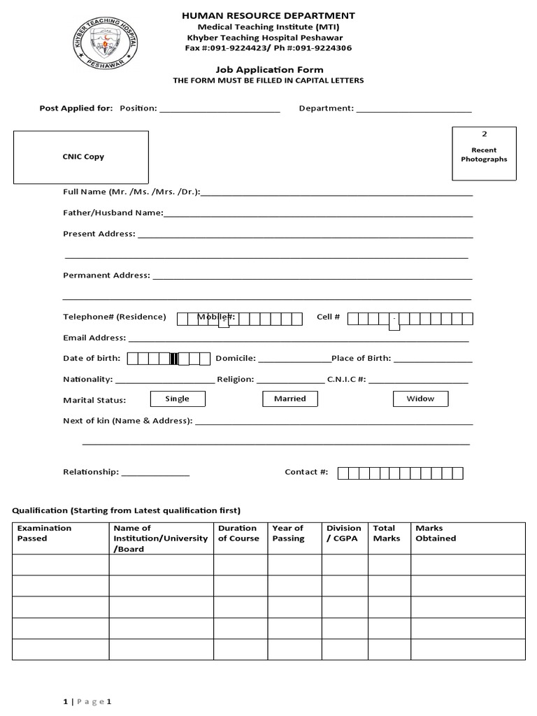 MTI Khyber Teaching Hospital Job Form | PDF | Business