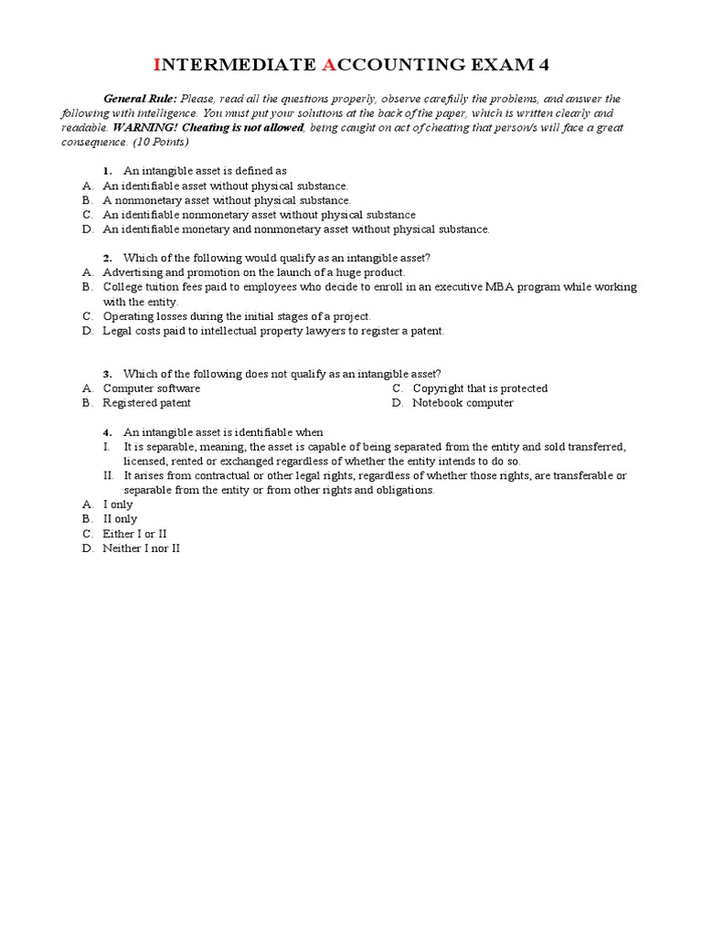 Intermediate Accounting Exam 4 | Download Free PDF | Intangible Asset ...