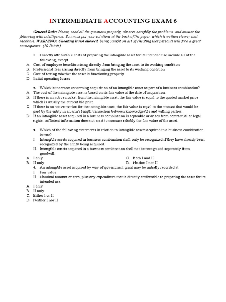 Intermediate Accounting Exam 6 | PDF | Intangible Asset | Goodwill ...