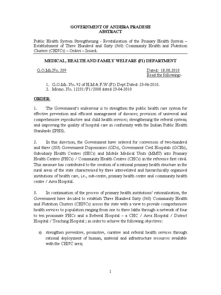 Establishment of CHNCs in Andhra Pradesh | PDF | Health Care | Public ...