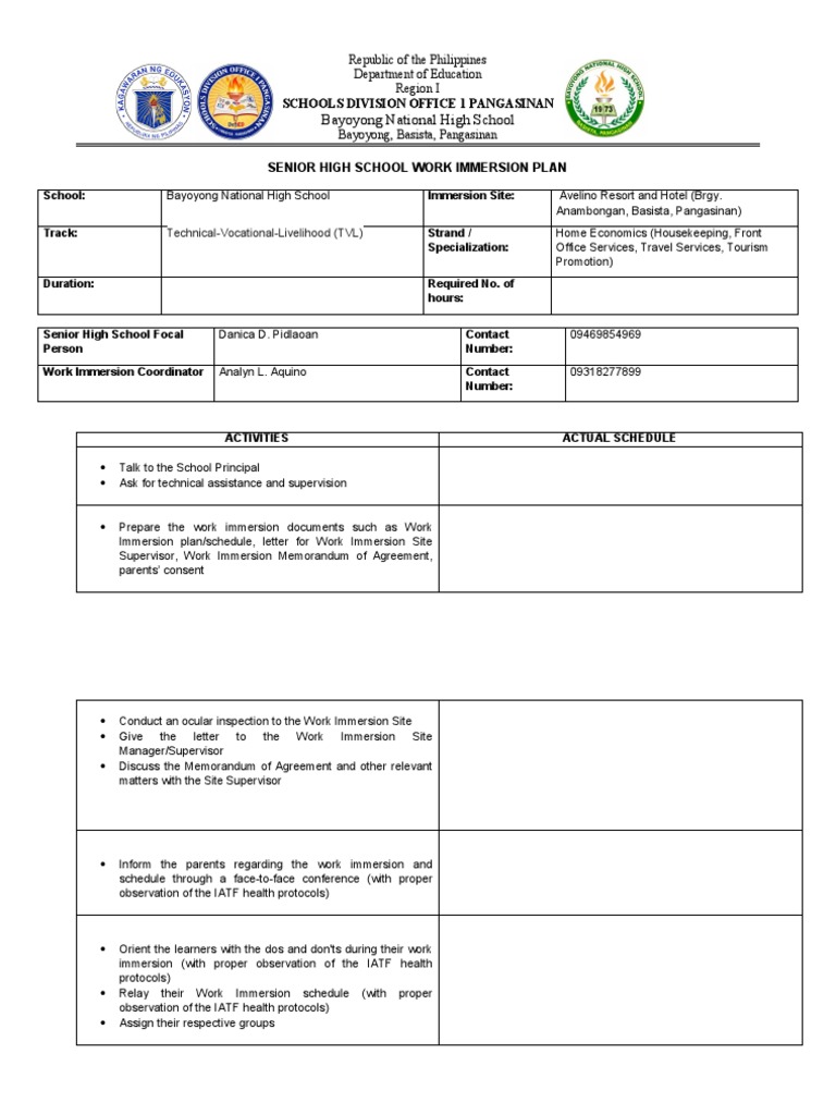 Work Immersion Training Plan | PDF