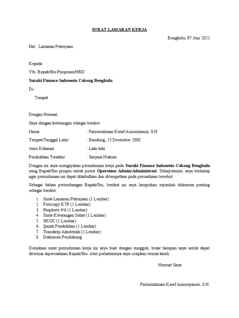 Surat Lamaran Kerja Faiz | PDF