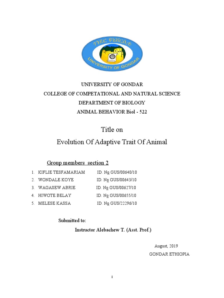 Title On Evolution of Adaptive Trait of Animal | PDF | Natural ...