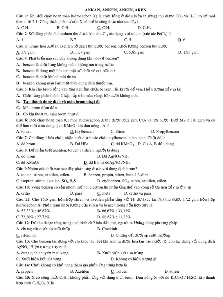 Bài tập trắc nghiệm có đáp án về Ankan, Anken, Ankin, Aren - 1025800 | PDF