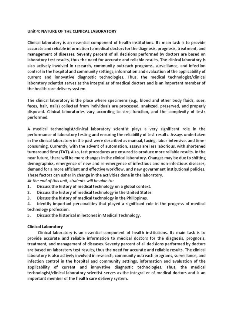Unit 4.0 Nature of The Clinical Laboratory | PDF | Pathology | Medical ...