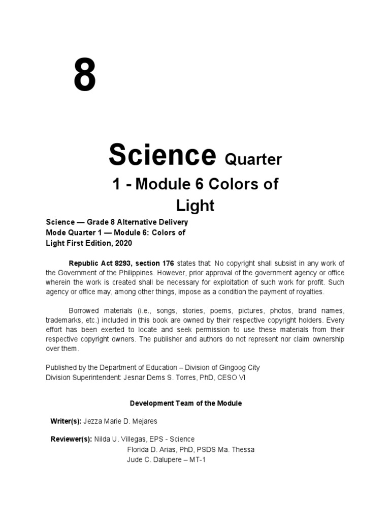 Sci8 Q1 Mod6 Colors of Light Version 3 | PDF | Electromagnetic Spectrum ...
