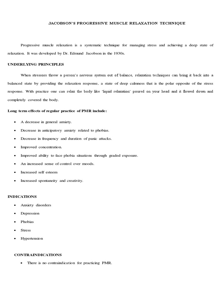 Jacobson'S Progressive Muscle Relaxation Technique | PDF | Relaxation ...