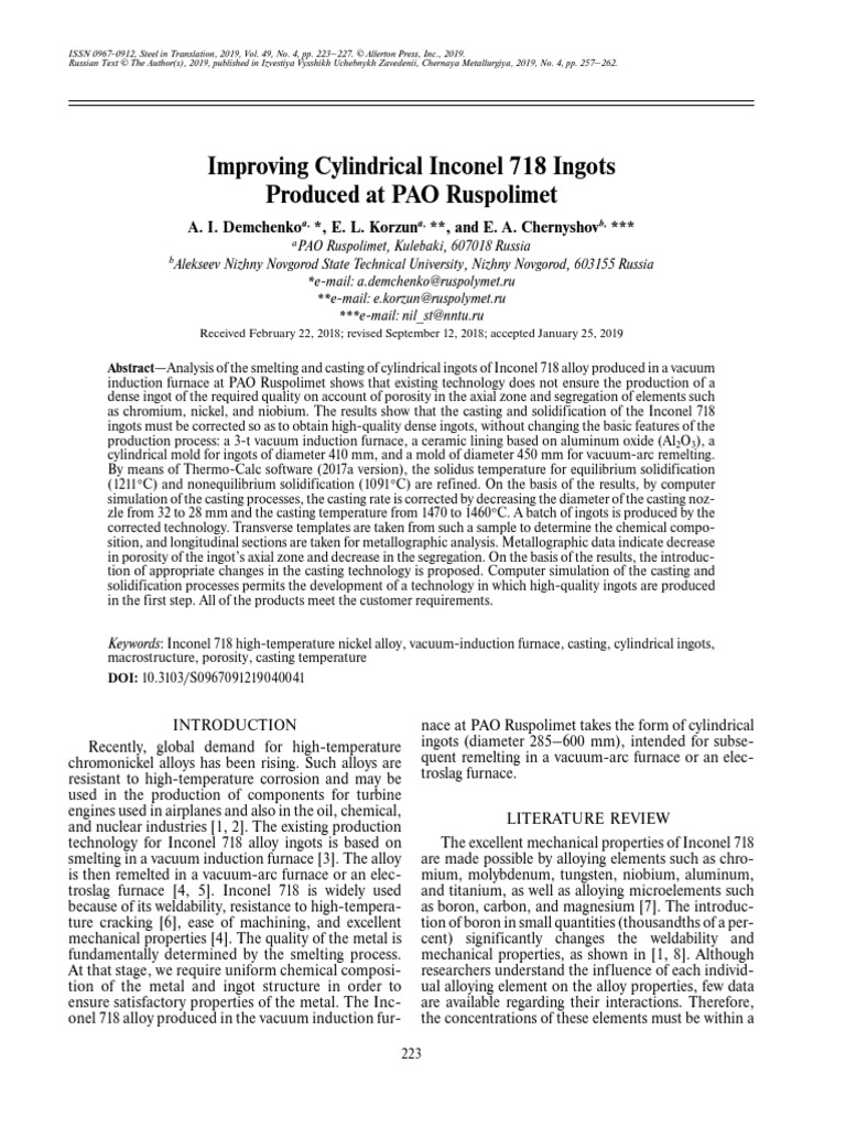 Improving Cylindrical Inconel 718 Ingots Produced at PAO Ruspolimet ...