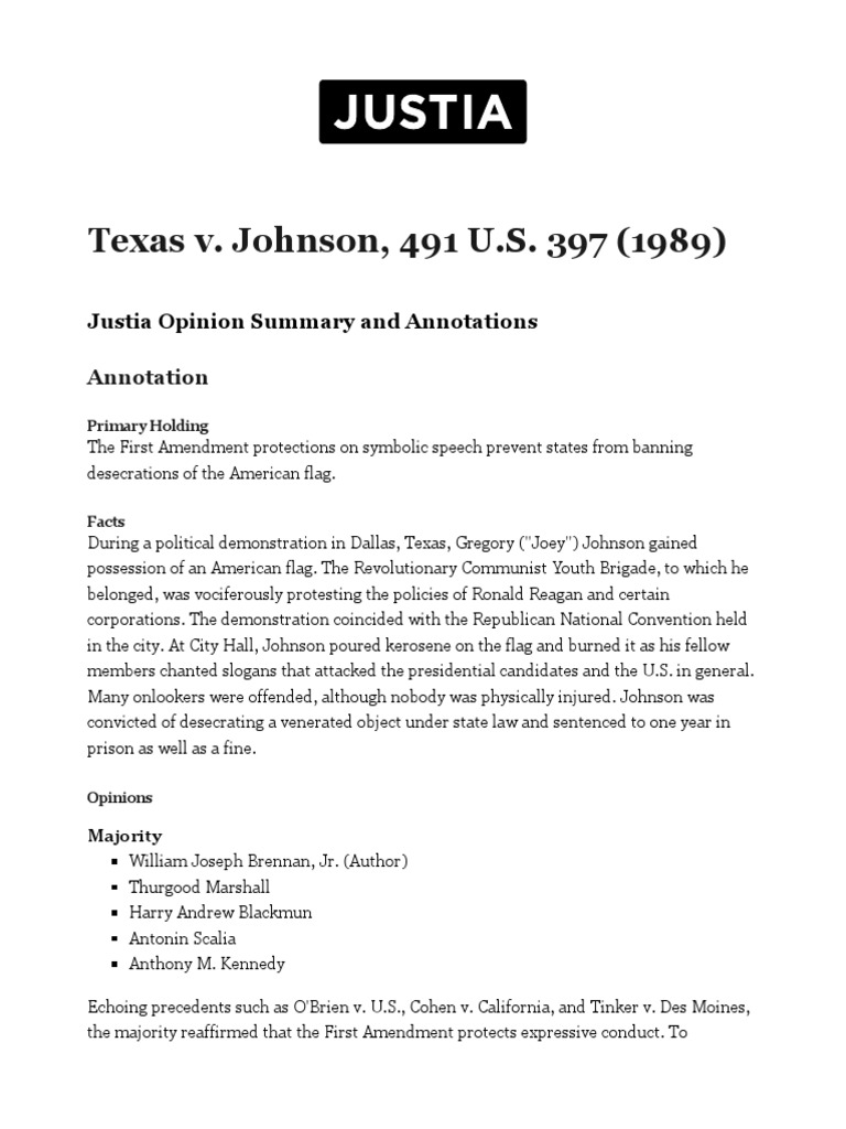 Texas v. Johnson: Flag Burning & Free Speech | PDF | Supreme Court Of ...