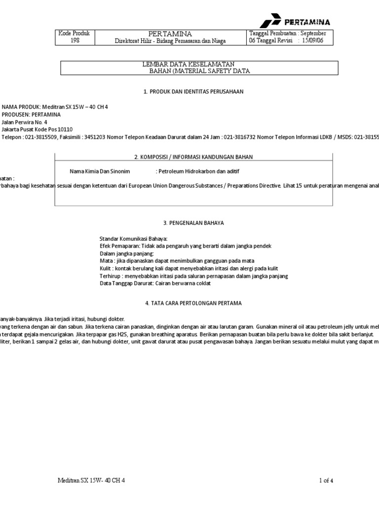 MSDS Meditran SX 15W-40 PERTAMINA | PDF