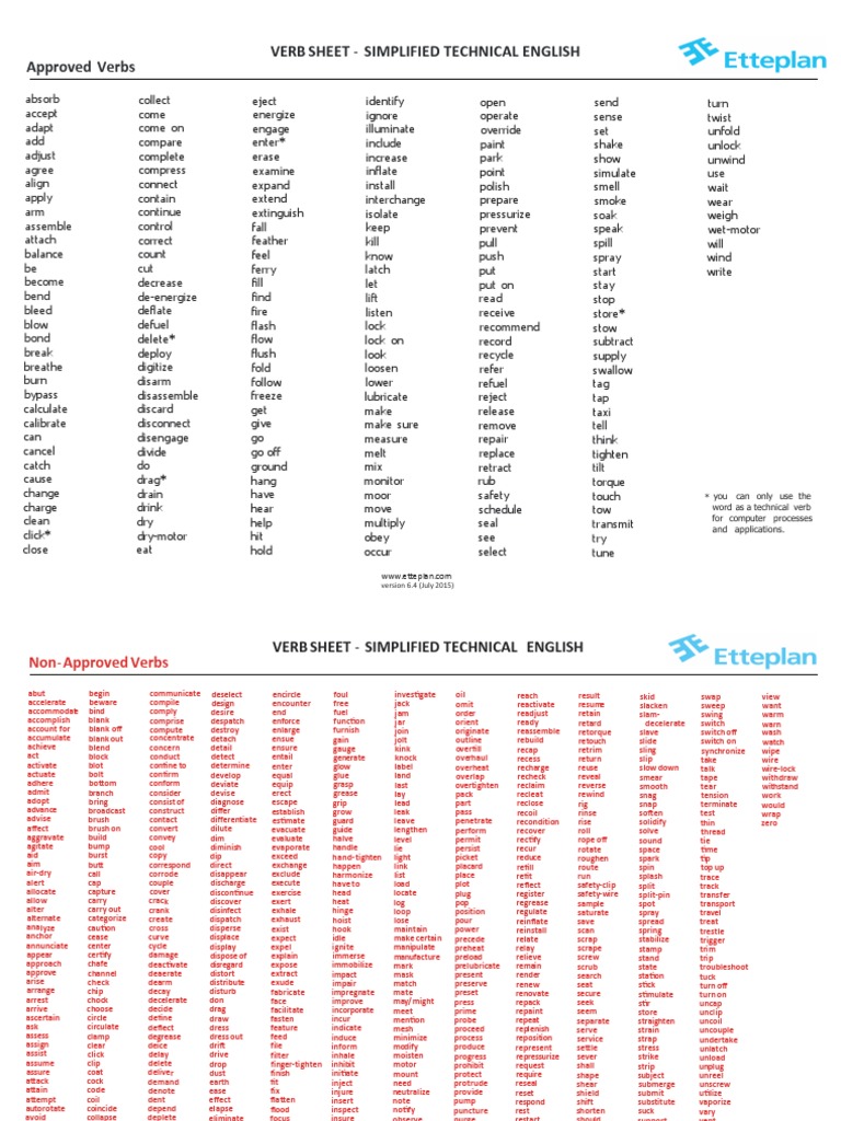 Verb Sheet Simplified Technical English - : Approved Verbs | PDF | Nature