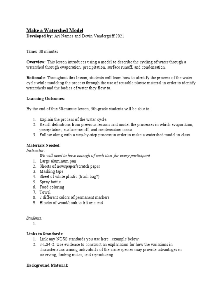5th Grade Watershed Model Lesson Plan | PDF | Stream | Drainage Basin