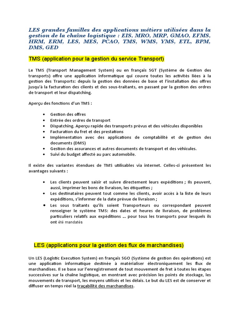 Applications Logistiques: TMS, LES, WMS, YMS | PDF | Entrepôt de ...
