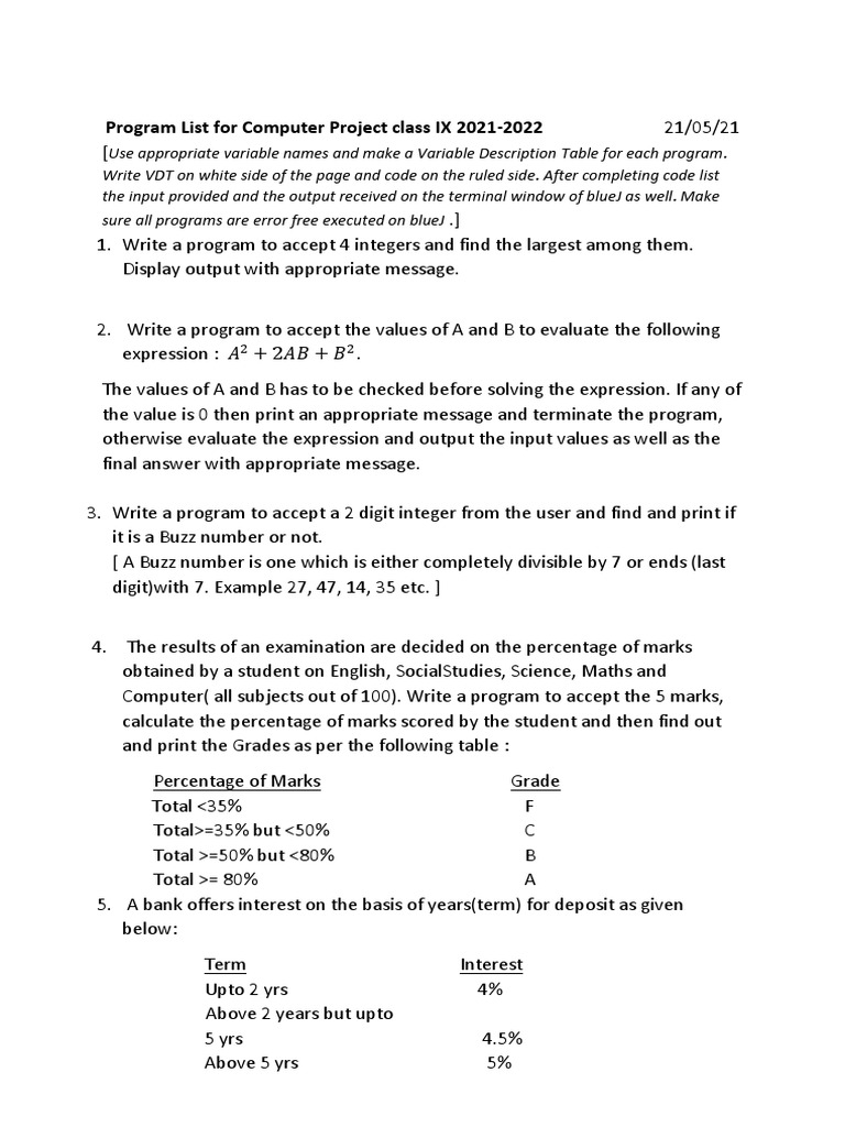 Program List For Computer Project Class IX 2021-2022 | PDF | Percentage ...