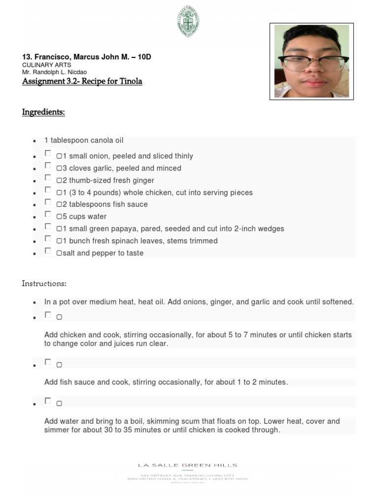 Assignment 3.2-Recipe For Tinola: 13. Francisco, Marcus John M. - 10D | PDF | Cooking, Food & Wine