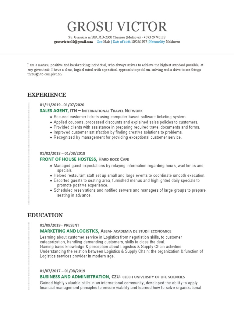 Grosu Victor: Experience | PDF | Logistics | Customer