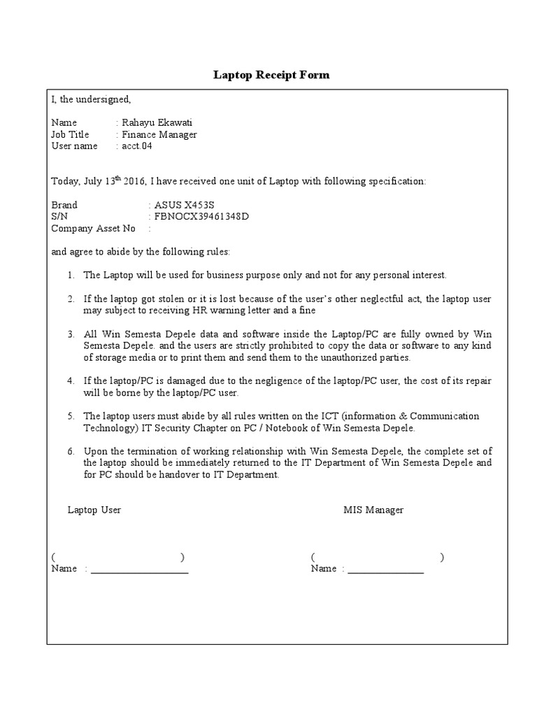Form PC Laptop Receipt Baru | PDF
