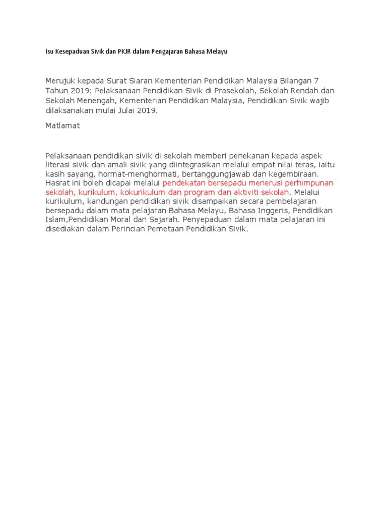 Isu Kesepaduan Sivik Dan PKJR Dalam Pengajaran Bahasa Melayu | PDF