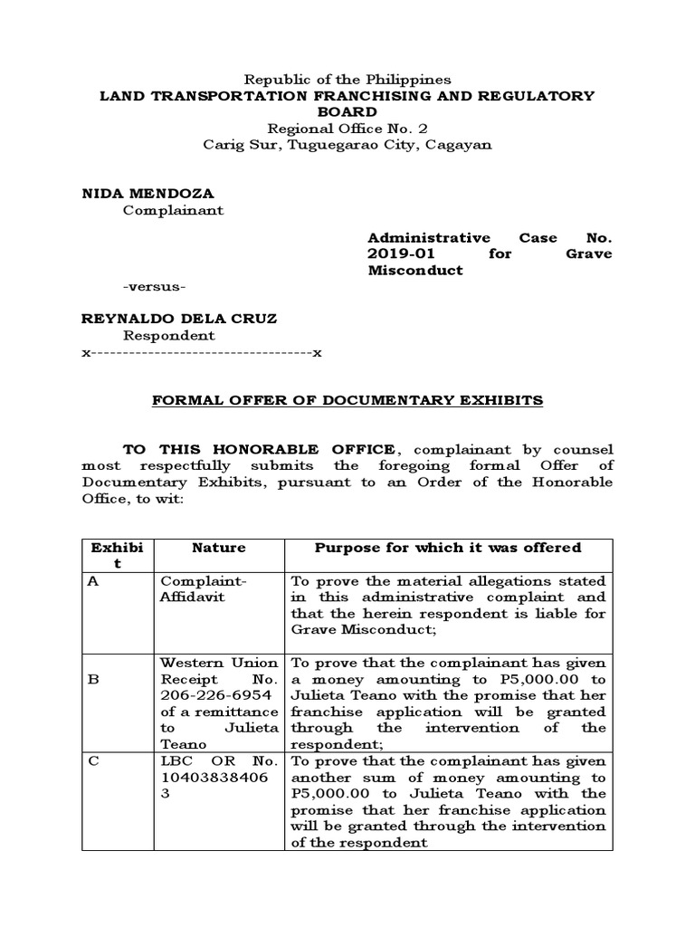 Formal Offer of Documentary Exhibits - Mendoza V Dela Cruz LTFRB | PDF ...