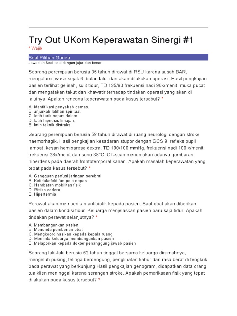 Try Out UKom Keperawatan Sinergi TAHAP 1 | PDF