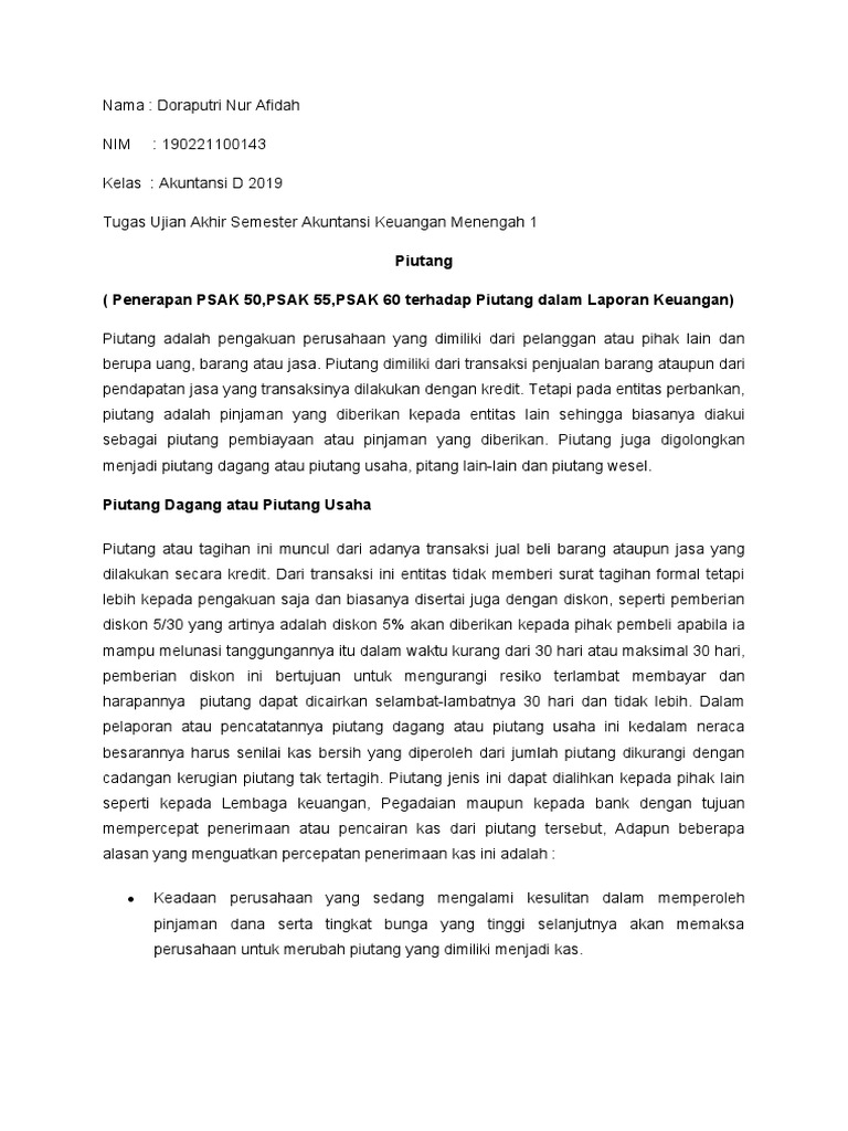 Penerapan PSAK 50, PSAK 55, PSAK 60 Terhadap Piutang Dalam Laporan ...