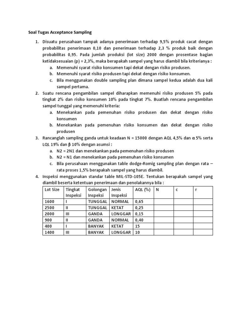 Soal Tugas Acceptance Sampling | PDF | Bisnis | Teknologi & Rekayasa
