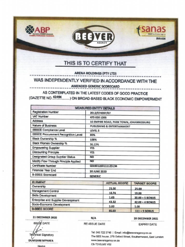 Arena Holdings: B-BBEE Certificate 2020-2021 | PDF
