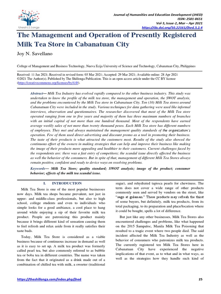 The Management and Operation of Presently Registered Milk Tea Store in ...