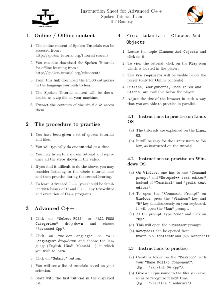 Instruction Sheet For Advanced C++: Spoken Tutorial Team IIT Bombay | PDF | Online And Offline ...