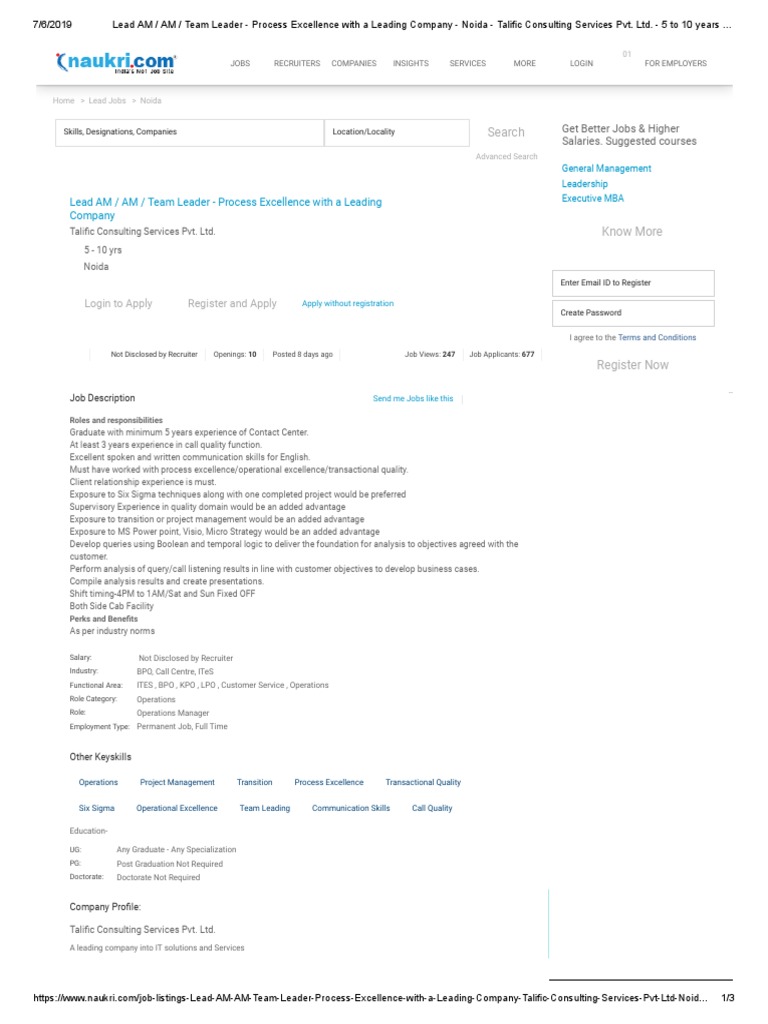 Lead AM - AM - Team Leader - Process Excellence With A Leading Company ...