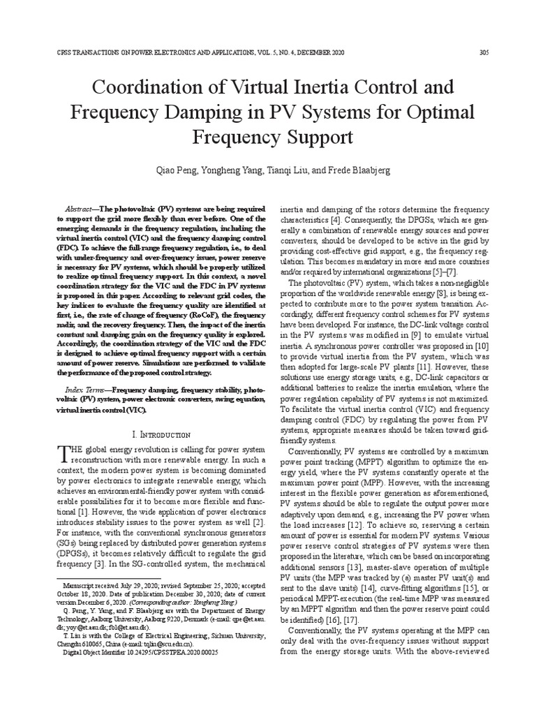 Coordination of Virtual Inertia Control and Frequency Damping in PV Systems For Optimal ...