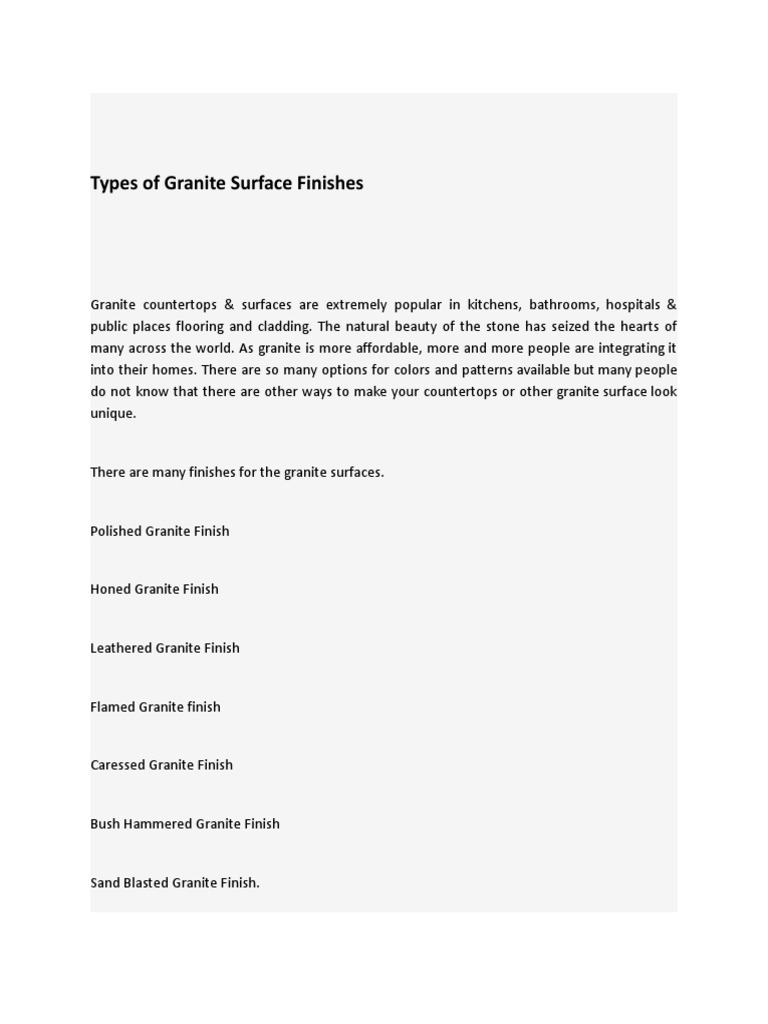 Types of Granite Surface Finishes | PDF | Countertop | Granite