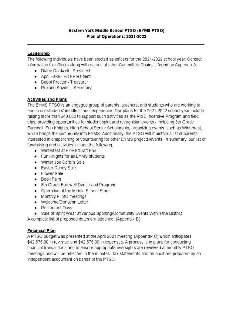 Eyms Plan of Operations 2021-2022 | PDF | Business