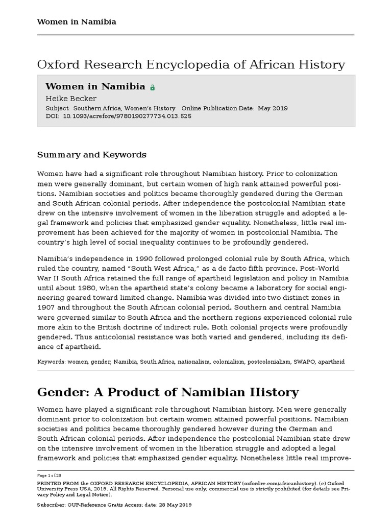 Oxford Research Encyclopedia of African History: Women in Namibia | PDF ...