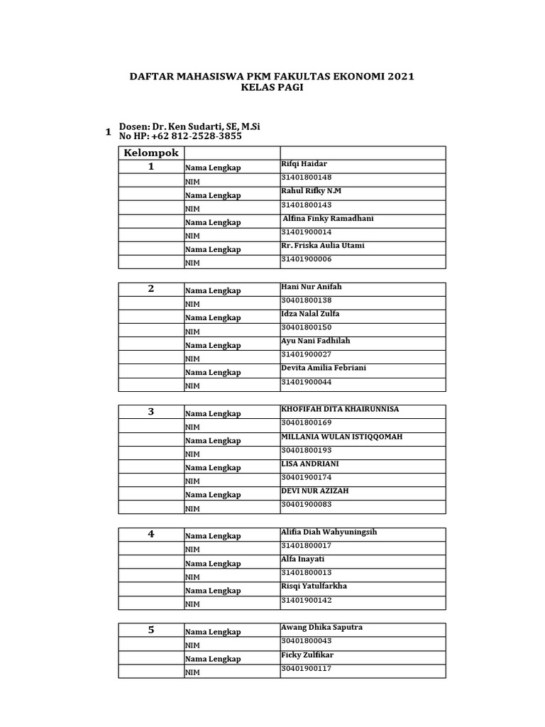 Daftar Kelompok Dan Pembimbing PKM 2021 | PDF