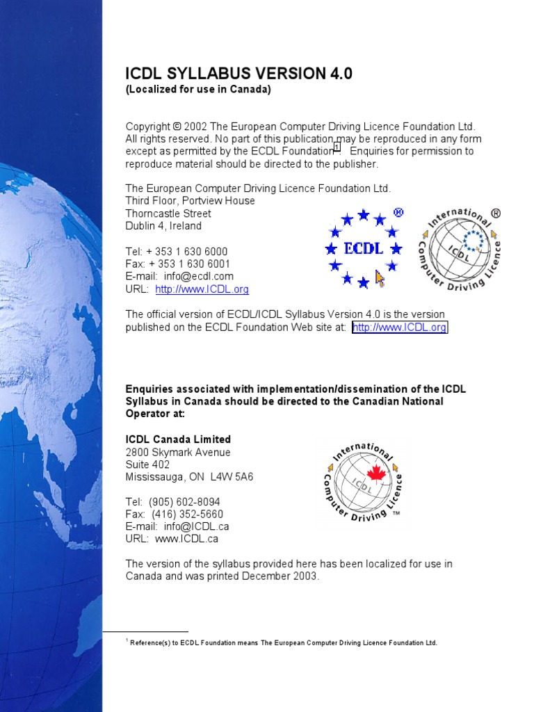 Icdl Syllabus Version 4.0: (Localized For Use in Canada) | PDF ...