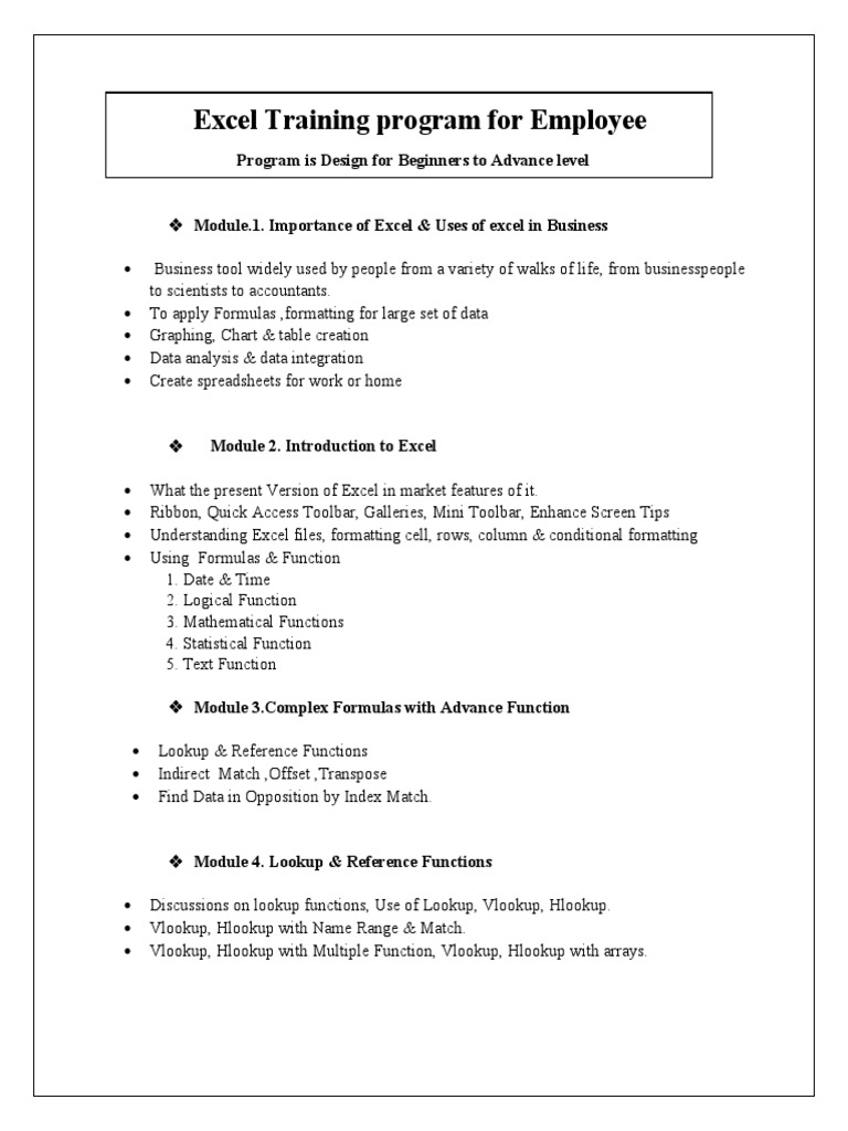 Excel Training Program For Employee | PDF | Visual Basic For ...
