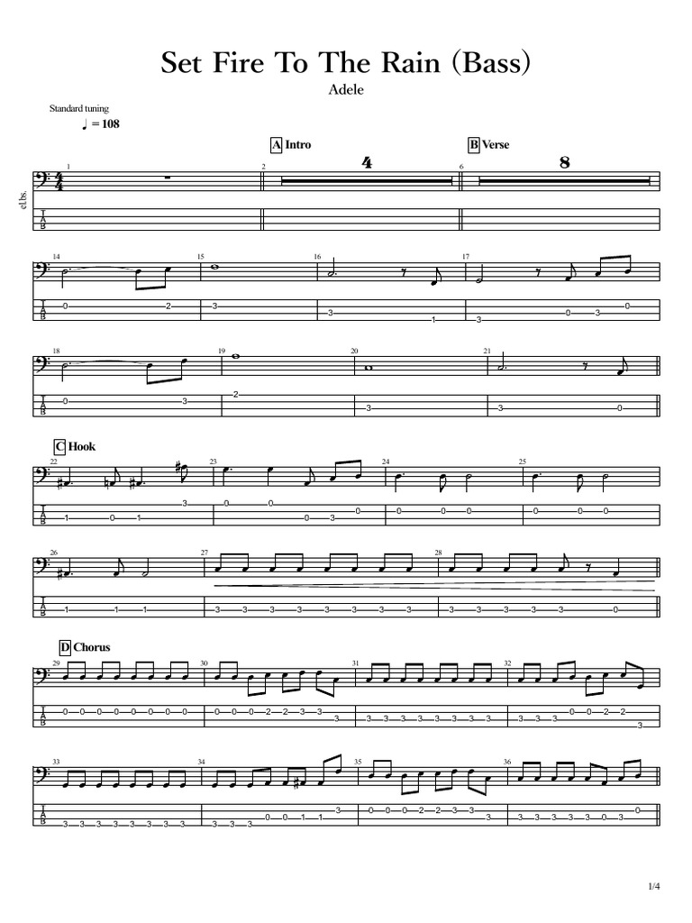 Adele - Set Fire To The Rain (Bass Guitar Tab Sheet) | PDF | Song ...