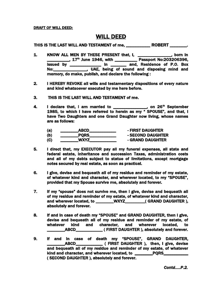 29 Draft of Will Deed | PDF | Will And Testament | Mortgage Law