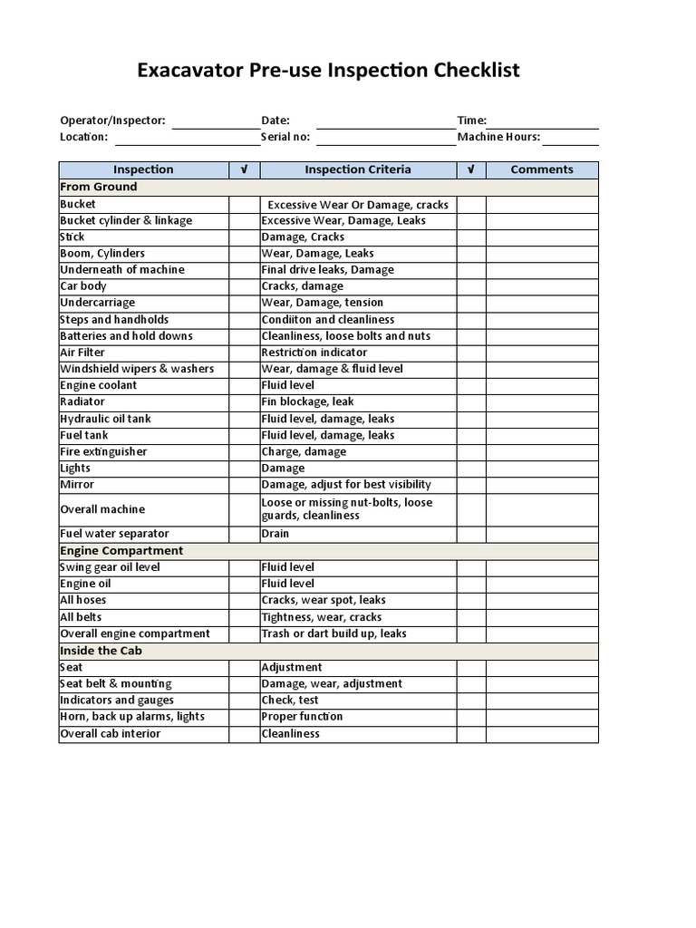 Excavator Pre-Use Inspection Checklist | PDF