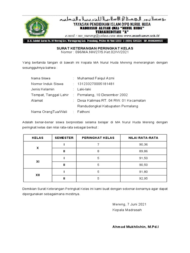 Surat Keterangan Peringkat Kelas Siswa | PDF