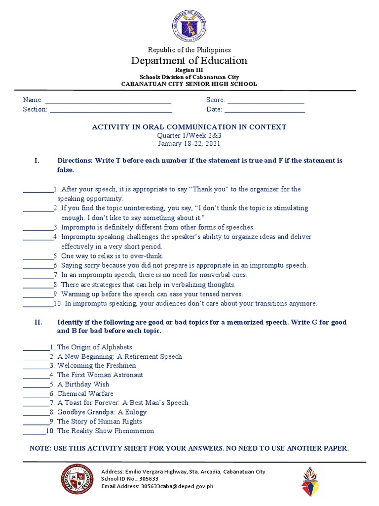 Oral communication activity sheet | PDF | Human Communication | Human ...