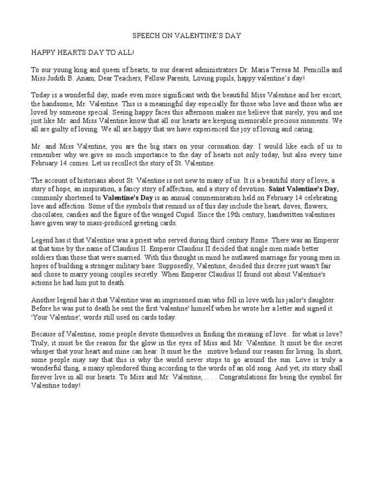 Speech On Valentine | PDF | Valentine's Day