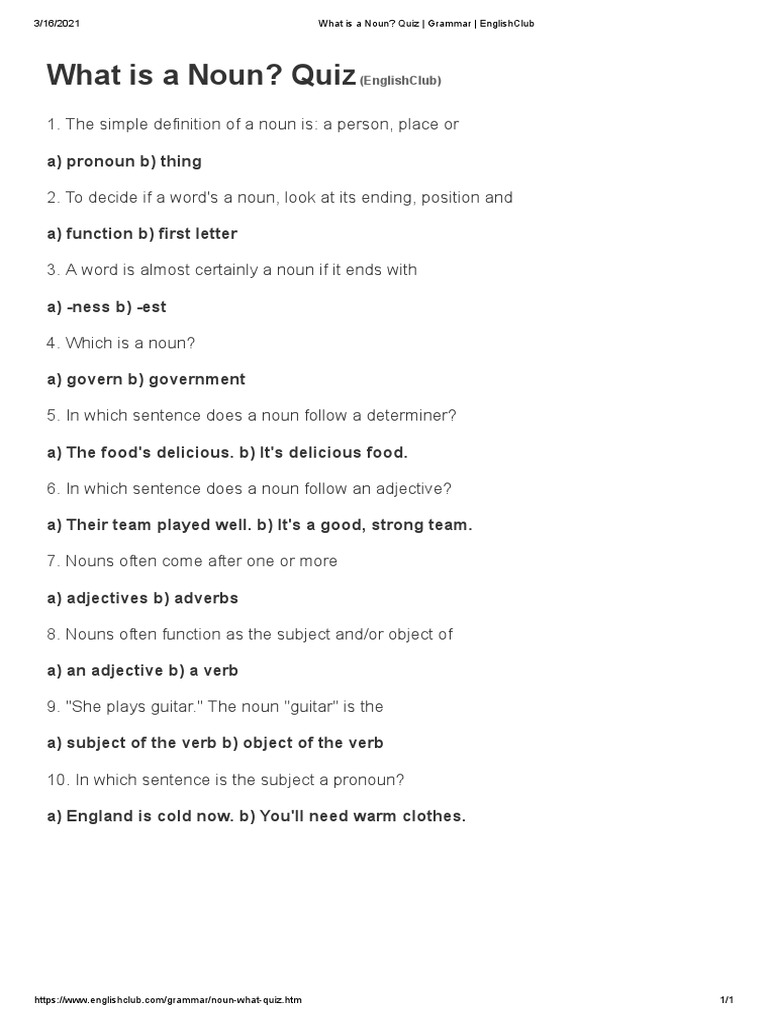 Noun Quiz: Test Your Grammar Skills | PDF