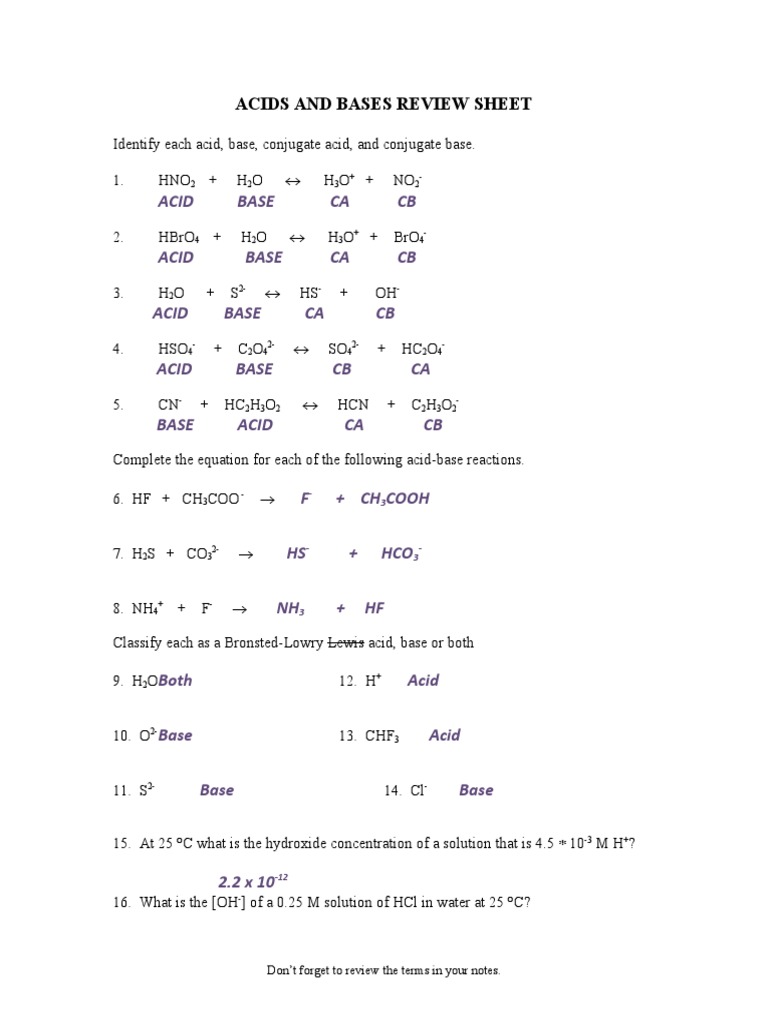 Answers Acids and Bases Review 12-13 2 | PDF | Acid | Ph