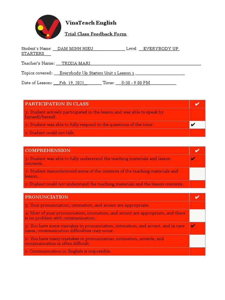 Vinateach English: Trial Class Feedback Form | PDF | Accent ...