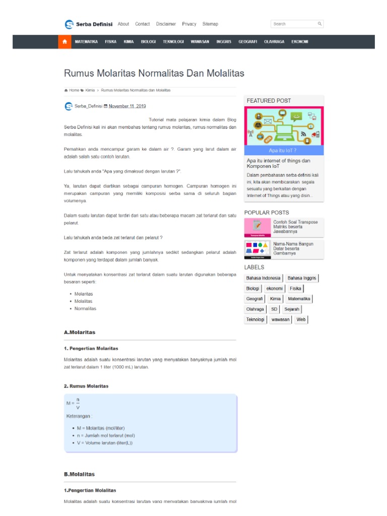 Rumus Molaritas Normalitas Dan Molalitas | PDF
